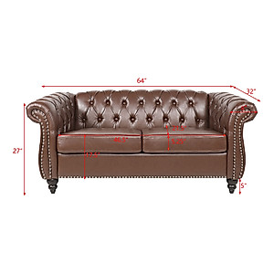 FOKWE Chesterfield Loveseat Leather, Modern Upholstered Tufted Couch 2 Seater with Rolled Arms and Nailhead for Living Room, Bedroom (Dark Brown)