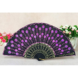 DECHOUS 2pcs Embroidered Sequin Fan Dancing Fans Hand Fans for Women Foldable Fan Sequin Fabric Hand Fan Embroidered Sequin Handheld Fan Folding Fan Vintage Miss The Fabric Purple