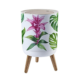 Small Trash Can with Lid for Bathroom Kitchen Office Diaper Palm leaves flower set watercolor botanical painting illustrations Bedroom Garbage Trash Bin Dog Proof Waste Basket Cute Decorative
