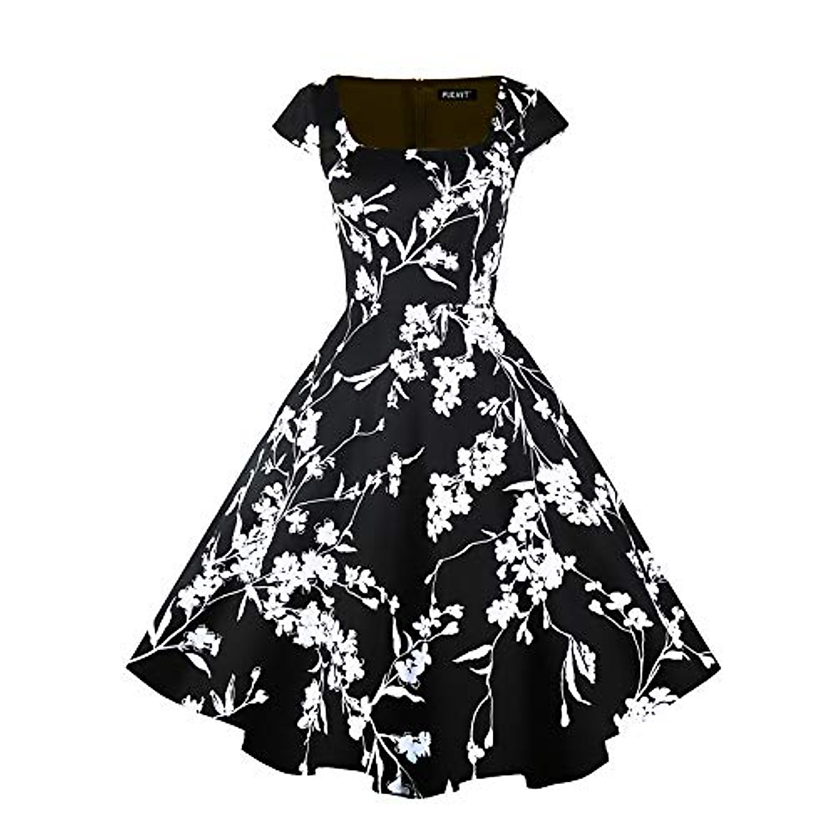 PUKAVT Women's Cocktail Party Dress Cap Sleeve 1950 Retro Swing Dress with Pockets Black Flower M