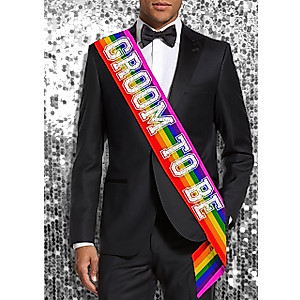 Gay Groom Bachelor Party Supplies - Silver Sparkle Sporty Groom To Be PREMIUM GRADE Rainbow Satin Sash - LQBTQ+ Pride Month Decorations - Rainbow Sash (GRM) RBW