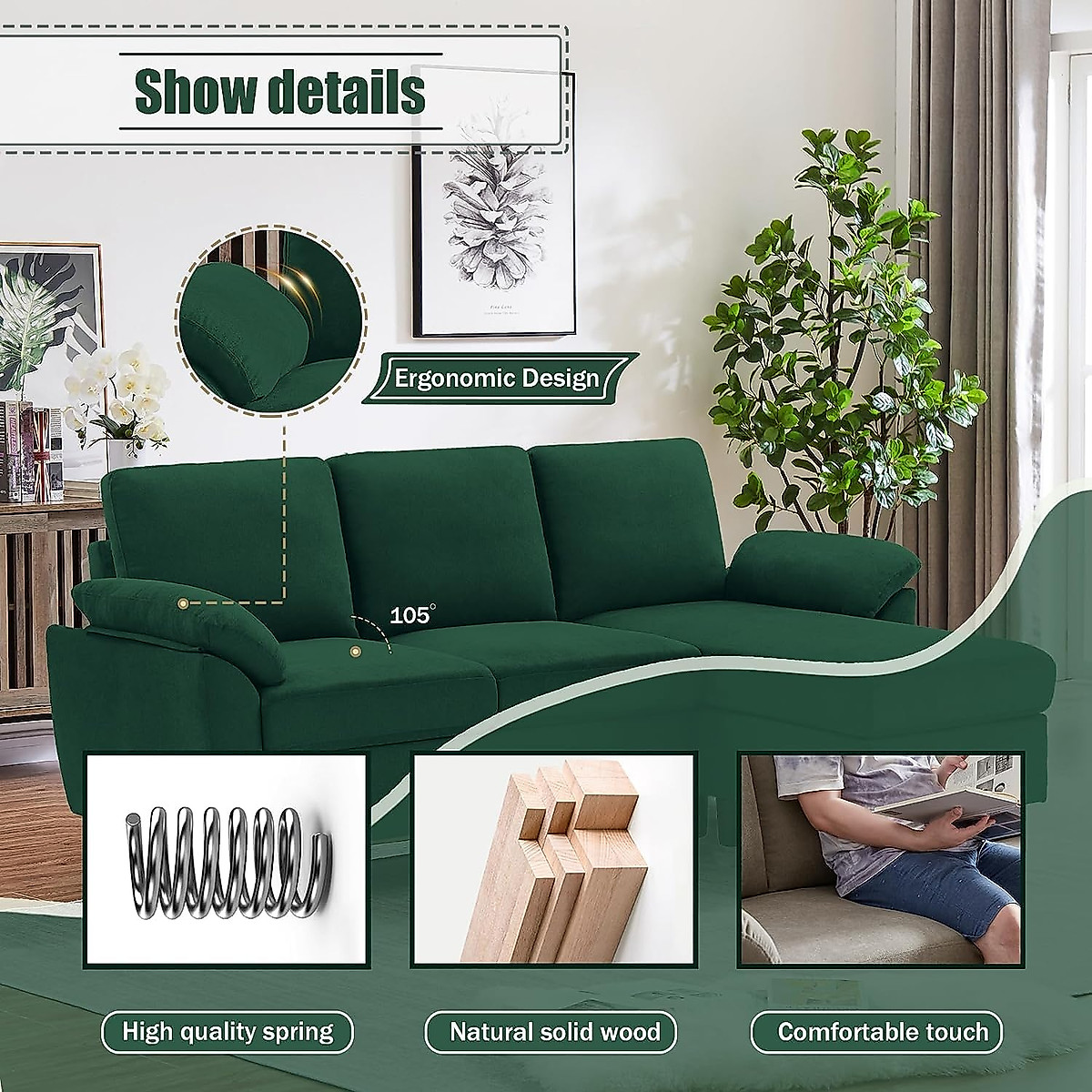 Tornama 79" Convertible Sectional Sofa, Small L Shaped 3 Seat Couch with Reversible Chaise, Modern Linen Fabric Sofa Couches for Living Room, Apartment and Small Space, Green