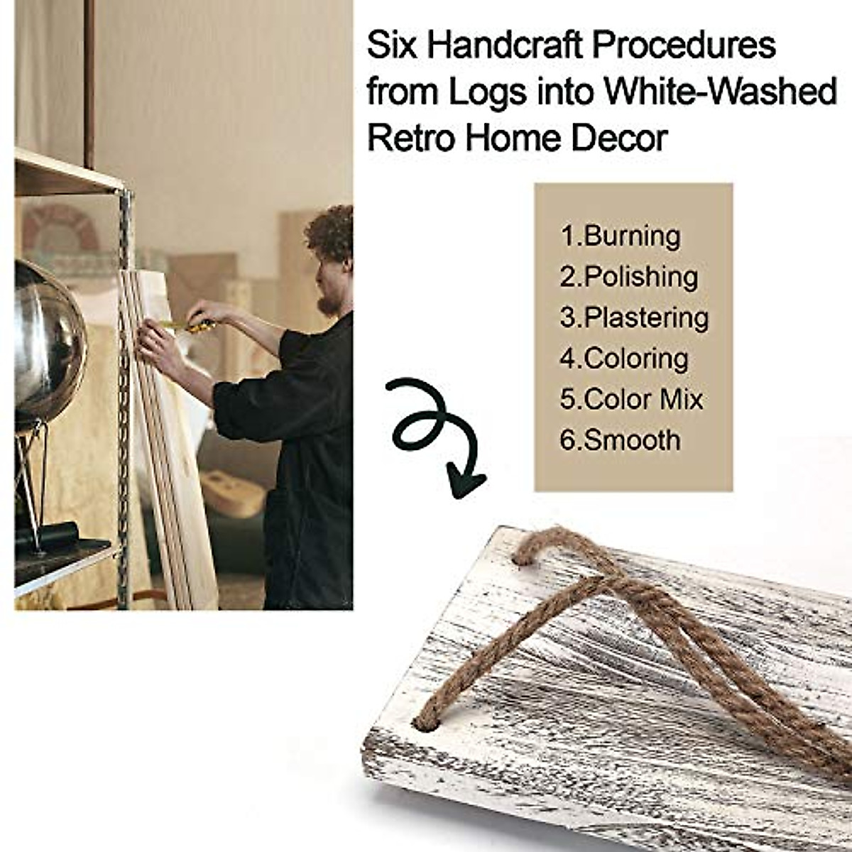 CuffUp Rope Hanging Shelves for Wall, Hanging Wall Shelves Floating Shelves White for Wall 2 Set of Whitewashed Rustic Wall Decor