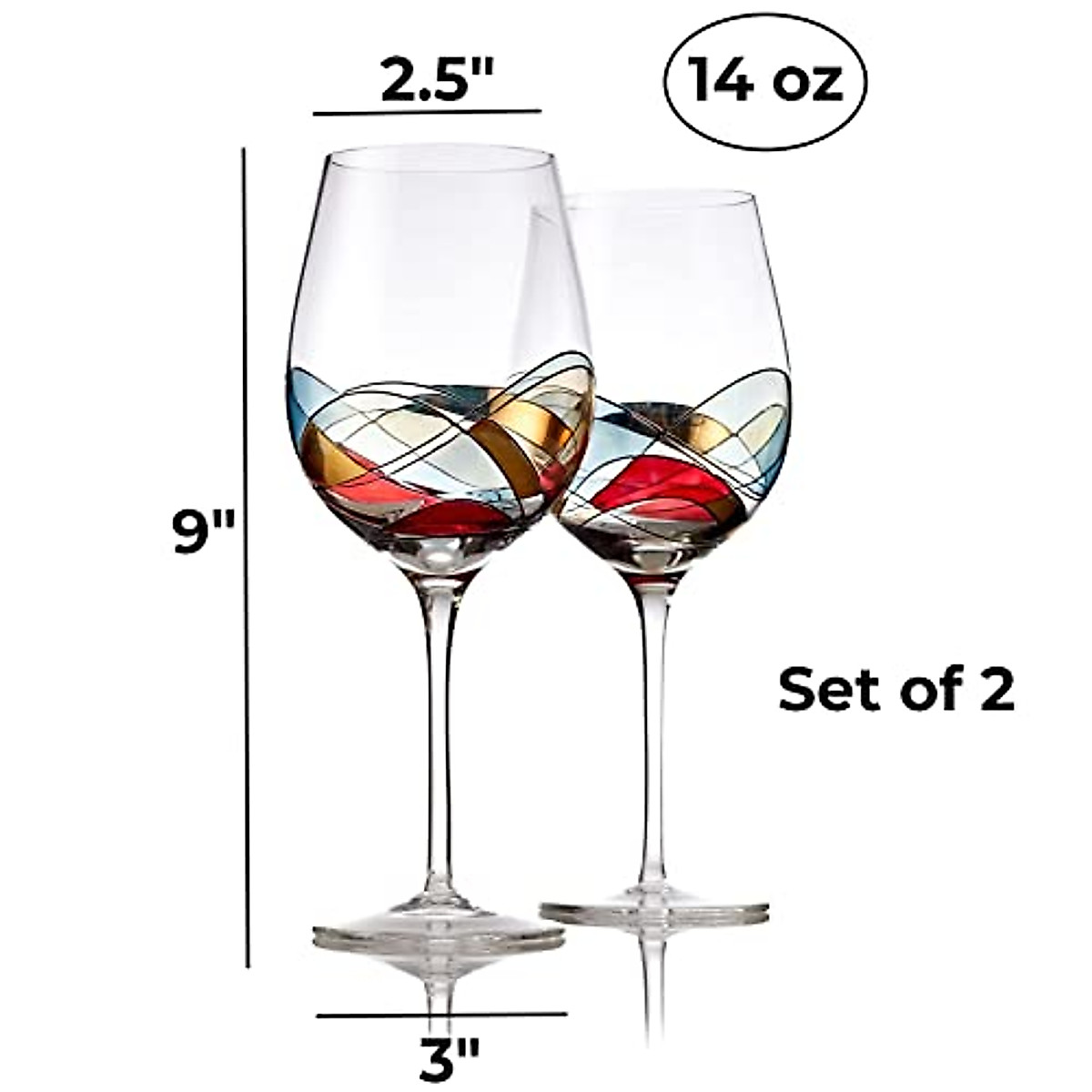 Bezrat Wine Glasses Hand Painted - Set of 2 - Women Wine Gift - Wine Lover Glass - Beautiful Glassware Gifts Ideas for Women Inspired by 'Duomo di Milano' Mothers Day - 12 oz (Red)