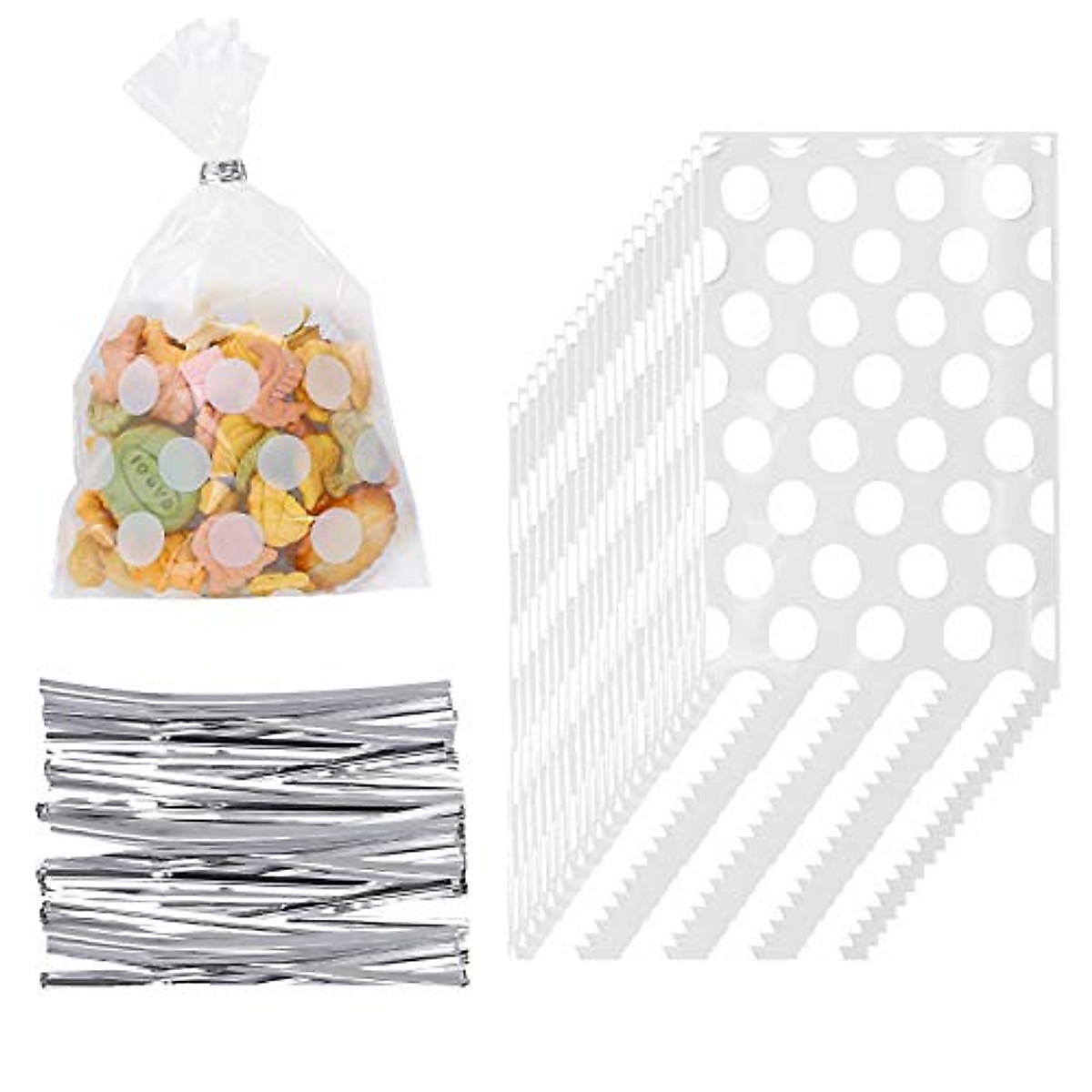 200 Pack White Candy Bags with twist ties, 8.1 x 5 x 1.8 inch Clear Plastic Treat Bags for Cookie Candy Wrapping Wedding Party Favor (8.1X5, White)