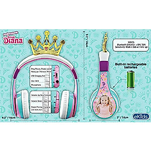 eKids Love Diana Kids Bluetooth Headphones, Wireless Headphones with Microphone Includes Aux Cord, Volume Reduced Kids Foldable Headphones for School, Home, or Travel