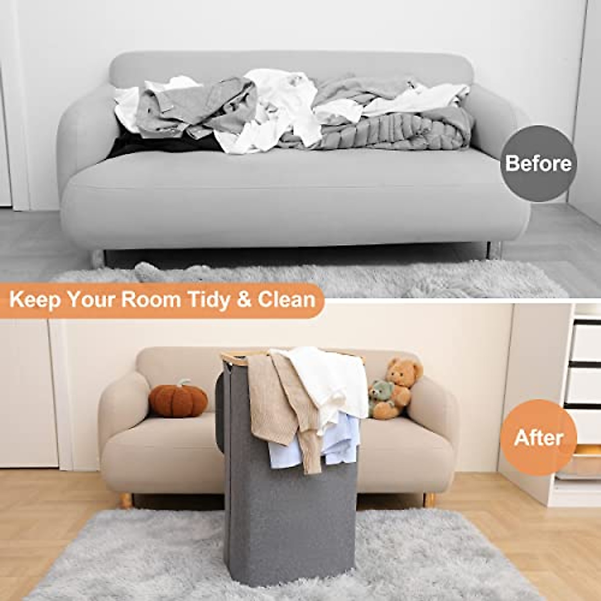 Bienvoun Laundry Basket with lid - 110L Large Waterproof Collapsible Clothes Laundry Hamper with Bamboo Handles for Clothes, Toys in Bedroom, dorm room and laundry room (Gray)