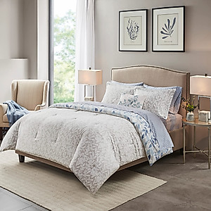 Madison Park Essentials Cozy Bed in a Bag Reversible Comforter with Complete Sheet Set - Modern Botanical Print All Season Cover, Shams, Decorative Pillow, King(104"x92"), Blue 8 Piece