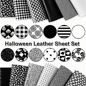 Whaline Halloween Faux Leather Sheets 8 x 12 Inch Pumpkin Ghost Cat Spider Web Synthetic Leather Fabric Glittery Black Silver White Faux Leather for Halloween DIY Craft Earring Hair Bow, 12 Sheet