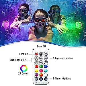 Qoolife Rechargeable Submersible Pool Lights with Remote, Waterproof Underwater Charging Battery Operated Controlled 25 Color Changing LED with Magnet Floating Lights Pool Pond Decoration (2 Pack)