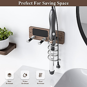 Tindbea Hair Dryer Holder Curling Iron Holder Flat Iron, Blow Dryer Holder Wall Mount, Bathroom Hair Tool Organizer Rack for Universal Dryer, Walnut Brushed Nickel