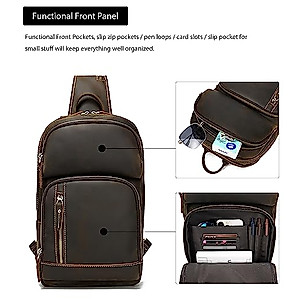 LANNSYNE Full Grain Leather Sling Bag For Men Crossbody Chest Daypack fits 12.9" iPad