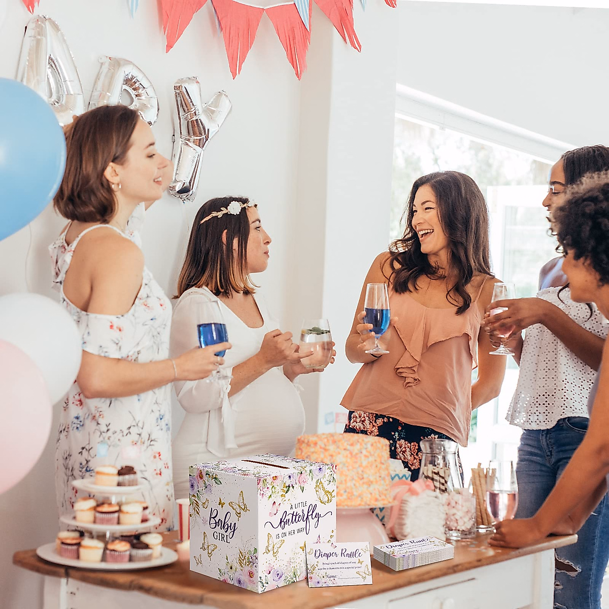 51 Pcs Butterfly Diaper Raffle Tickets with Diaper Raffle Card Box for Baby Shower Games A Little Butterfly is on Her Way Cards Boys Girls Gender Reveal Party Invitation Insert Card Game