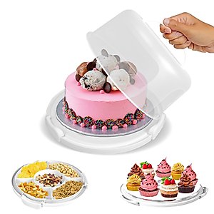 Plastihut Cake Carrier With Lid and Handle – All In 1 Multipurpose Cake Storage Container Fits 6" Cake, 11 Cupcakes & A Cake Plate Serves as 5 Section Serving Tray for Snacks & Fruit - White