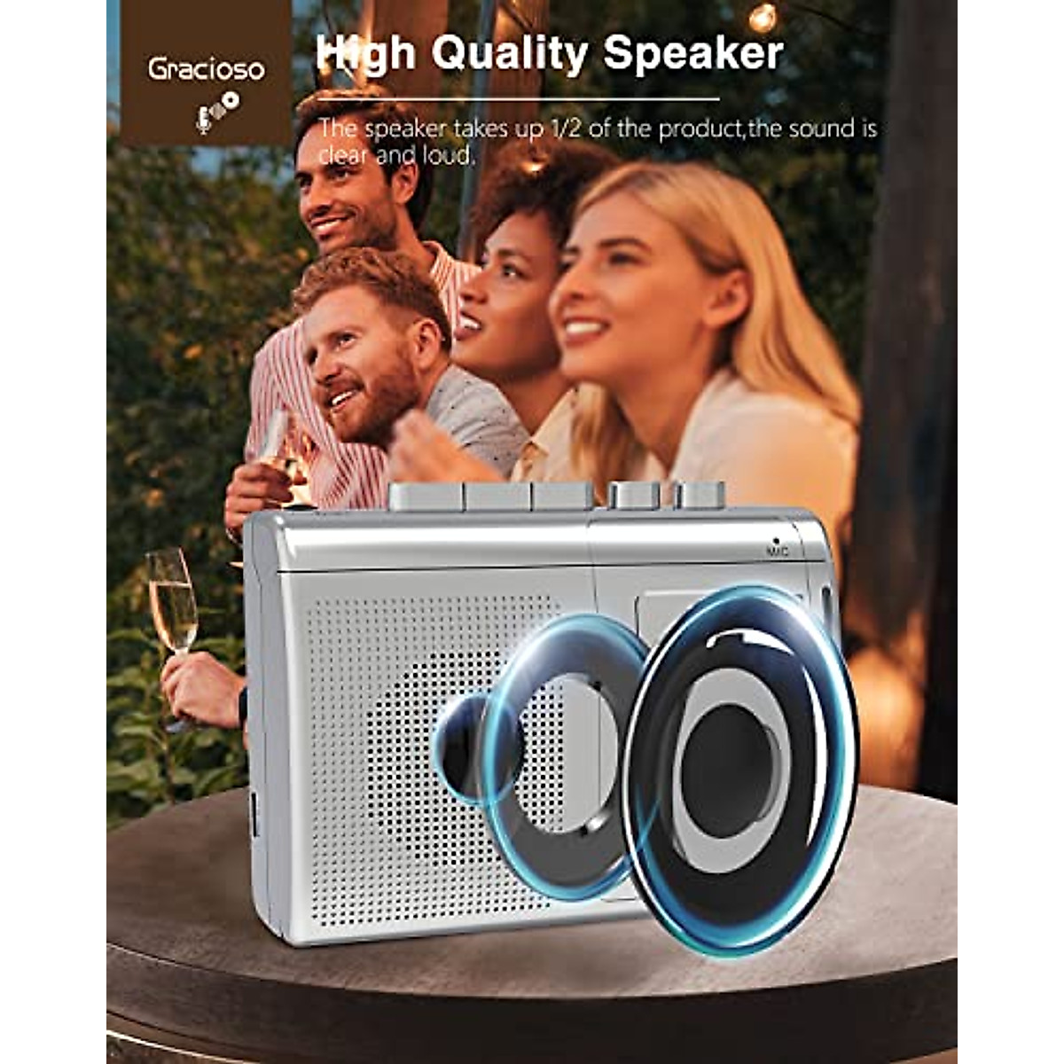 Gracioso Portable Cassette Player Recorder with Bluetooth Transmitter, AM FM Walkman Cassette Player with Headphone Jack & Big Speaker,Microphone Jack, 2*AA Battery Opearated Cassette Tape Player