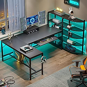 SEDETA  L Shaped Computer Desk, 63'' Corner Gaming Desk, Computer Desk with Storage Shelves, Keyboard Tray, Monitor Stand and Headphone Hook, Corner Gaming Desk with LED Lights, Black
