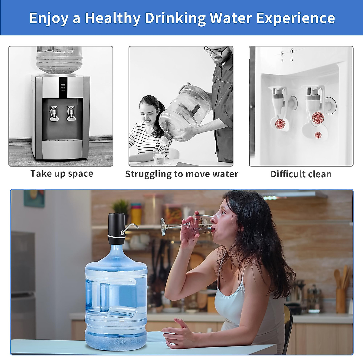 2 Pack Water Dispenser Pump for 5 Gallon Bottle, Electric Automatic Drinking Water Bottle Dispenser with Switch, Portable USB Charging Drinking Water Jug Pump for Camping, Kitchen, Home, Office