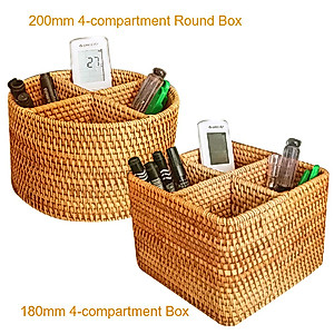 i-lan Natural Rattan 4 Compartments Cooking Utensil Silverware Organizer Holder Cosmetics Storage Box Cutlery Caddy Flatware Serving Basket (180mm 4-Compartment Box)