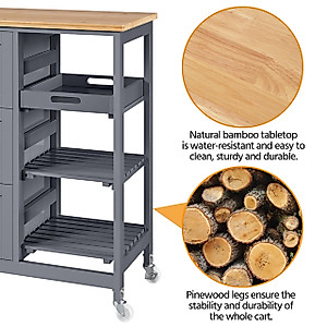 Yaheetech Kitchen Island Cart on Wheels with Storage, Rolling Bar Cart with Solid Wood Top and 3 Drawers, 3 Removable Shelves, Serving Utility Carts for Dining Room/Small Kitchen, Dark Gray