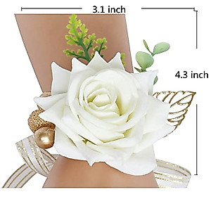 Jackcsale White Wrist Corsage and Boutonniere Set, Groomsmen Boy Boutonniere Bridesmaids Girl Corsage Wristlet Set for Wedding Party Prom Accessories Suit Decorations (Corsage and Boutonniere)