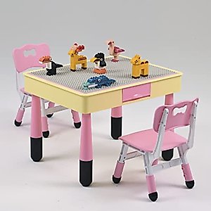 FLYING OLLY Kids Table and Chair Set with Block-Build Table & Dry-Erase Activity Table, Compatible Kids Art painting Table with 2 Drawers for Kids and Toddlers for Daycare, Classroom, Kids Room (Pink)