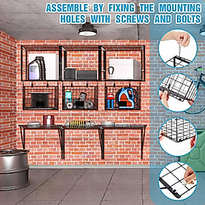 Willinglong 6 Pcs Wall Mounted Garage Shelf with Wire Baskets Set Garage Wall Shelving Tool Organizer Wall Mount Heavy Duty Garage Organization Shelves with Tool Rack and Hooks for Home Garden Storage