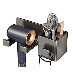 ALOeu Hair Dryer Holder Wall Mounted, Aluminum Organizer Rack with Self Adhesive for Shark or Dyson Supersonic Hair Dryer, grey