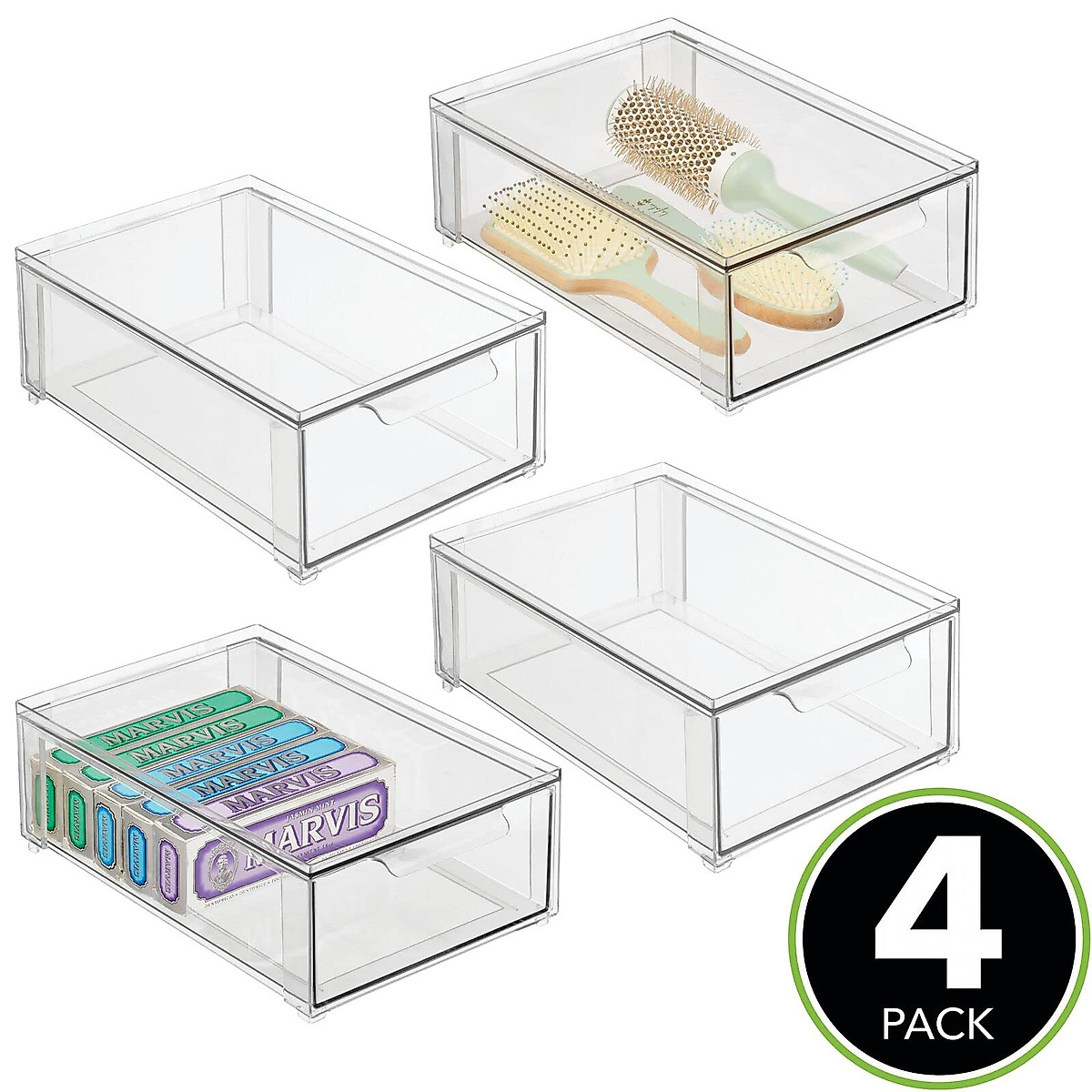 mDesign Plastic Stackable Bathroom Storage Organizer Bin with Pull Out Drawer for Cabinet, Vanity, Shelf, Cupboard, Cabinet, or Closet Organization - Lumiere Collection - 4 Pack - Clear