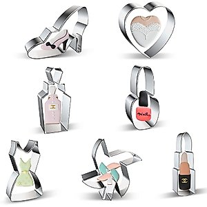 Makeup Dress Up Cookie Cutters Shapes Set of 7 - High Heel, Heart, Perfume, Nail Polish, Dresses, Windmill, Lipstick Shaped Women Girl Ladies Princess Fashion Cookie Cutter for Birthday Valentine Day