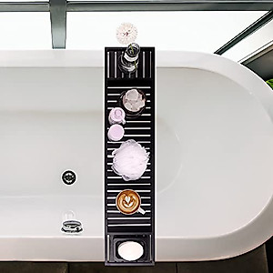 BUDFAY Bathtub Tray, Foldable Bamboo Bath Tray, Stylish Bathroom Accessories with Free soap Dish, Foot Brush, Bath Ball (Black)