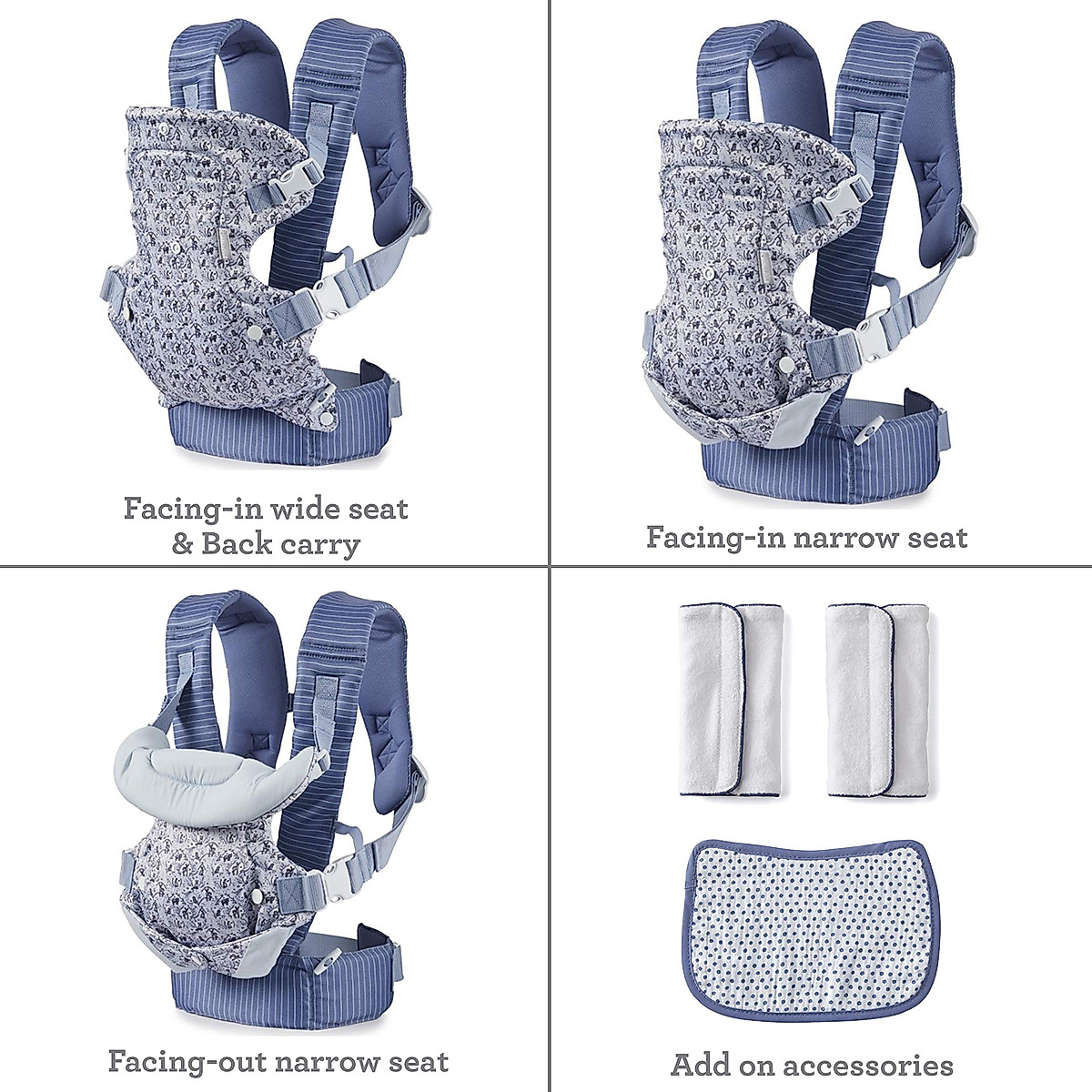 Infantino Limited Edition Flip 4-in-1 Baby Carrier | Woodland Toile 4-Position Infant Carrier with (2) Terry Cloth Strap Wraps & (1) Muslin Bib/Slip Cloth. Machine Washable., Blue