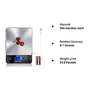 【NASA-Grade】33lb Food Kitchen Digital Scale,【Bread Meat Cookies Measures Precisely】Weight Grams and Ounces for Baking Cooking,1g/0.1oz Precise Graduation,304 Stainless Steel,Waterproof Tempered Glass