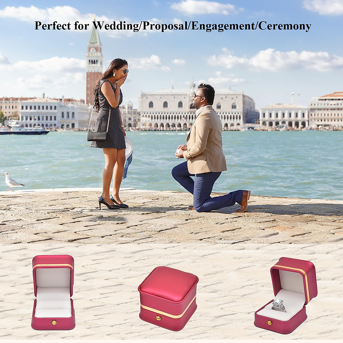 Eveynsh Wedding Engagement Ring Box Red, Square Leather Velvet Jewelry Ring Bearer Box, Premium Gorgeous Vintage Single Slot Ring Box for Proposal, Ceremony, Anniversary, Gift