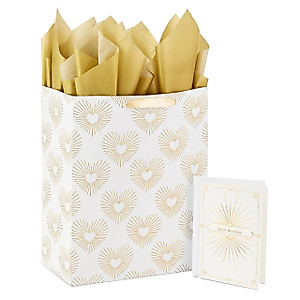 Hallmark 13" Large Heart Gift Bag with Wedding Card and Tissue Paper (Best Wishes Gold and White, Hearts) for Weddings, Bridal Showers, Engagements