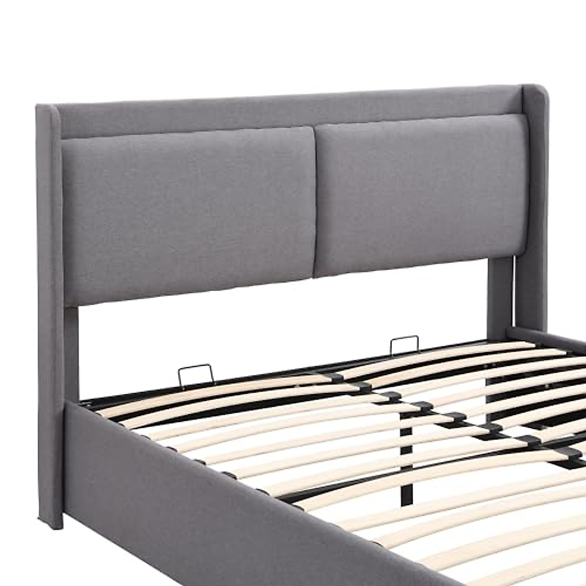 BOVZA Queen Size Lift Upholstered Platform 2 Drawers, Modern Wingback Headboard, Hydraulic Storage Bed Frame, Linen Gray