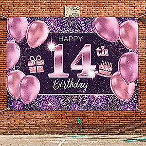 PAKBOOM Happy 14th Birthday Banner Backdrop - 14 Birthday Party Decorations Supplies for Girl - Pink Purple Gold 4 x 6ft