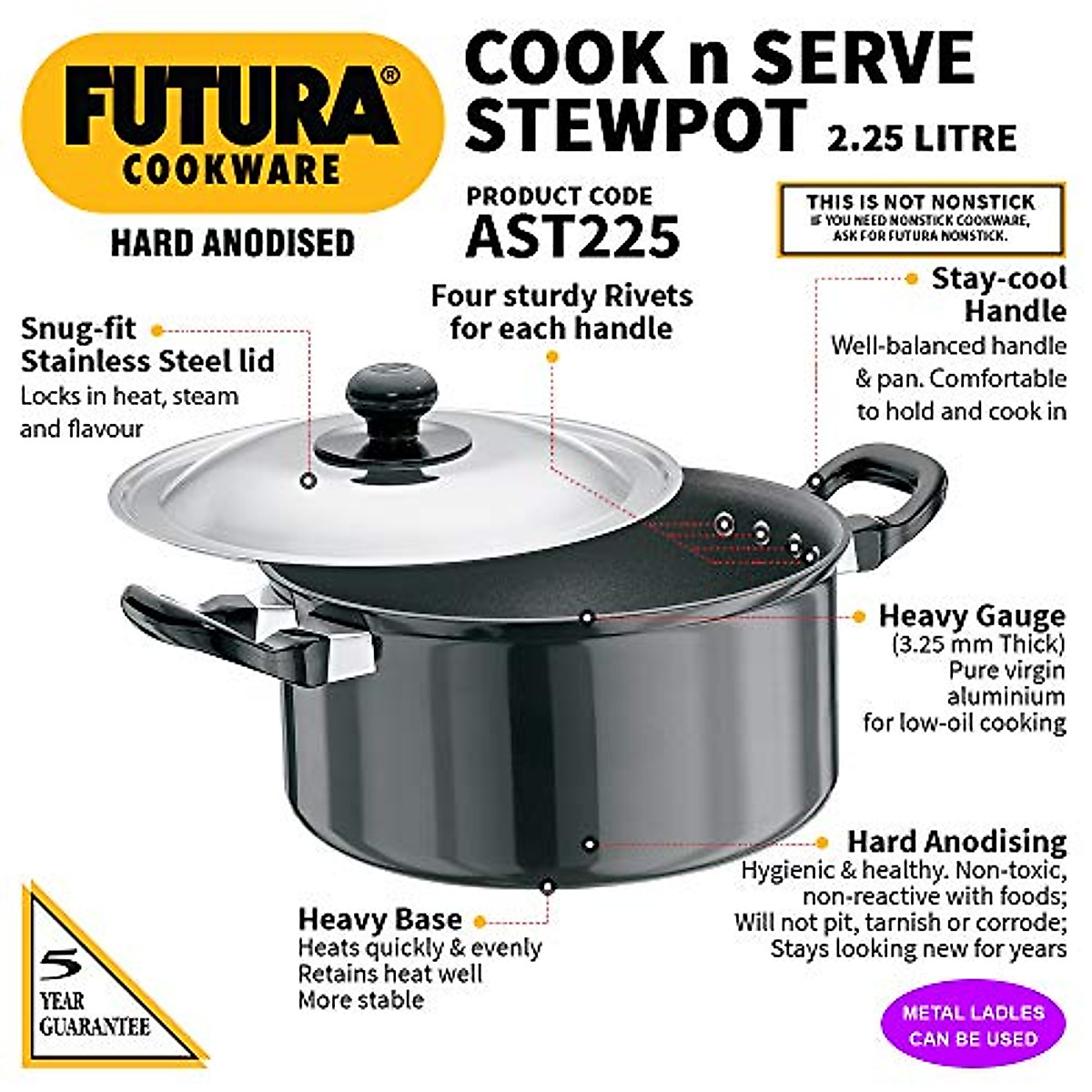 Hawkins/Futura Hard Anodised Cook and Serve Stewpot, 2.25-Liter