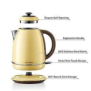 BUYDEEM K640 Stainless Steel Electric Tea Kettle with Auto Shut-Off and Boil Dry Protection, 1.7 Liter Cordless Hot Water Boiler with Swivel Base, 1440W, Mellow Yellow