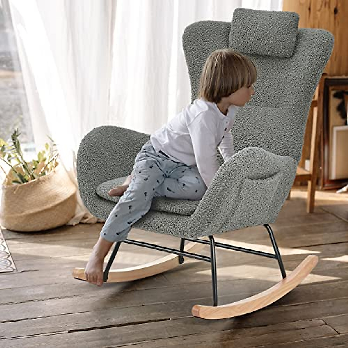 Kvutx Rocking Chair Nursery with High Back, Glider Armchair with Padded Cushion and Headrest Pillow, Modern Rocker Chairs for Living Room/Bedroom/Baby Room