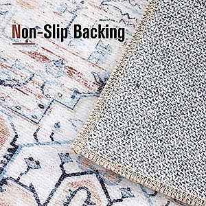 Asrug 4x6 Washable Area Rug, Boho Non-Slip Entryway Rug Doormat Stain Resistant Non-Shedding Distressed Throw Carpet for Bedroom Living Room Kitchen Bathroom, Light Blue