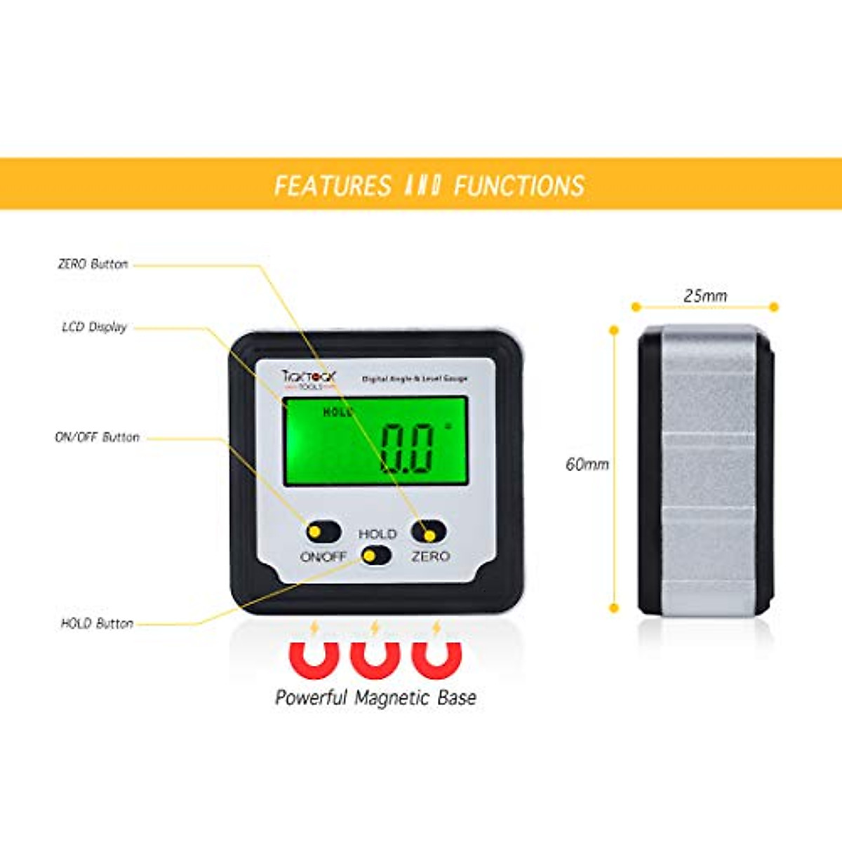 Digital Angle Finder by TickTockTools - Magnetic Mini Level and Bevel Gauge - Woodworking with Table or Miter Saw - Inclinometer - Precise Measurement Tool with LCD and Backlight - 180 Degree Rotation