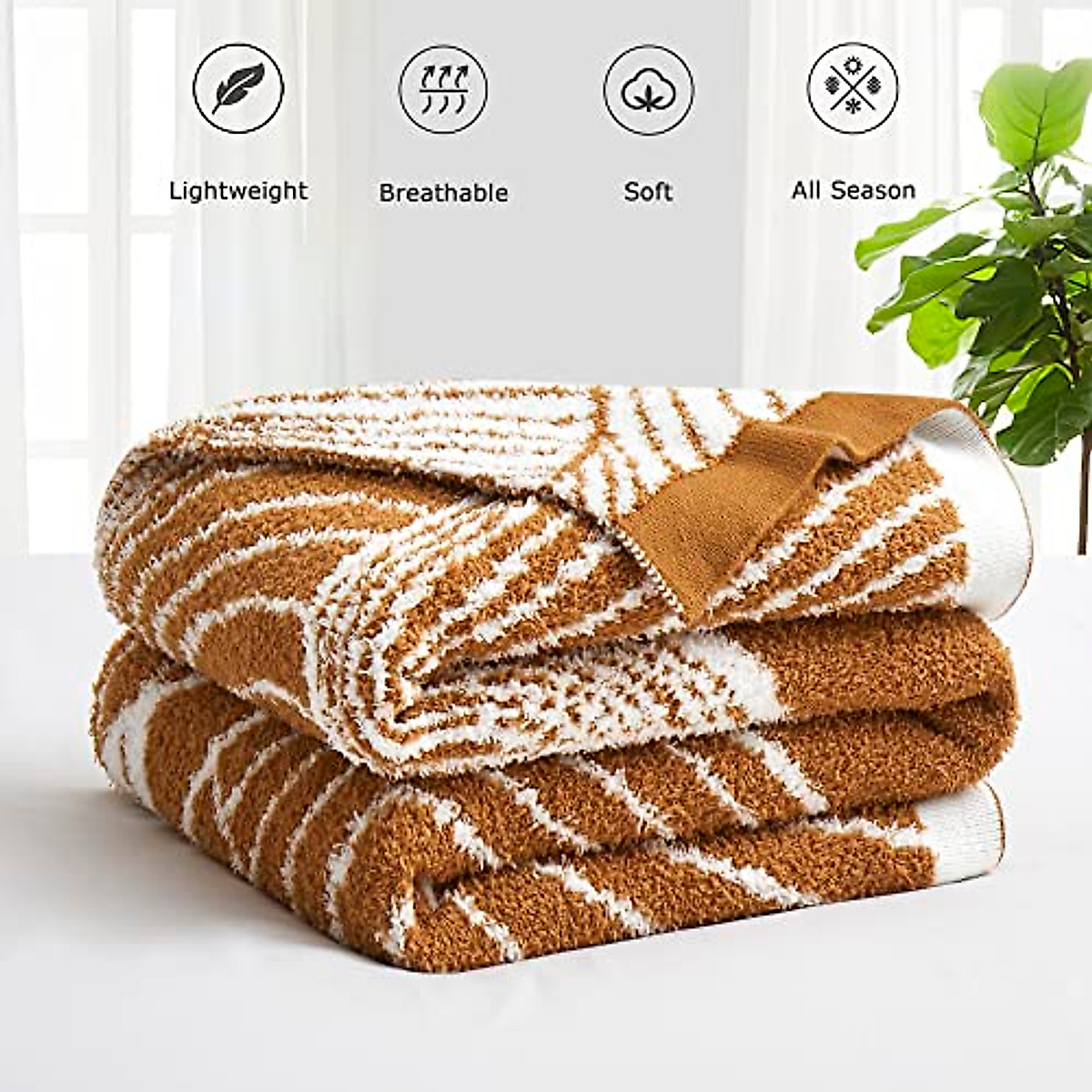 Oli Anderson Sector Knit Throw Blanket for Couch, Lightweight Cozy Blanket and Throws with Plush Reversible Microfiber, Fluffy Blanket for Travel, Bed, Sofa, 60"x80", Caramel