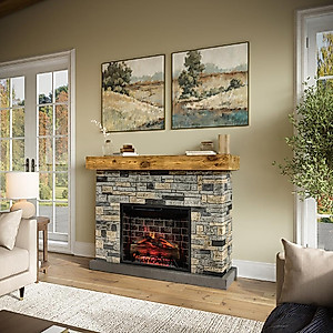 Country Living Dixson 55 Inch Wood Mantel with Faux Stone Brick Surround & 28" Smart Electric Fireplace | 55" W x 16" D x 43" H