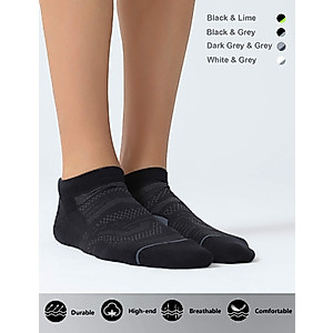 CelerSport 6 Pack Men's Running Ankle Socks with Cushion, Low Cut Athletic Tab Socks, Black + Grey, Medium