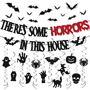 44 PCS Halloween Party Decorations There's Some Horrors In This House Banner 3D Bats Wall Decor Horrible Ghost Pumpkin Witch Spider Tumbstone Cat Hand Theme Hainging Swirl for Girl Boy Party Supplies