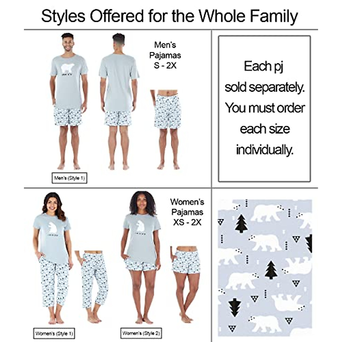 Sleepyheads Grey Polar Bear Family Matching Short Sleeve PJ Sets, Bear Summer, Small, Women's (Style 1)