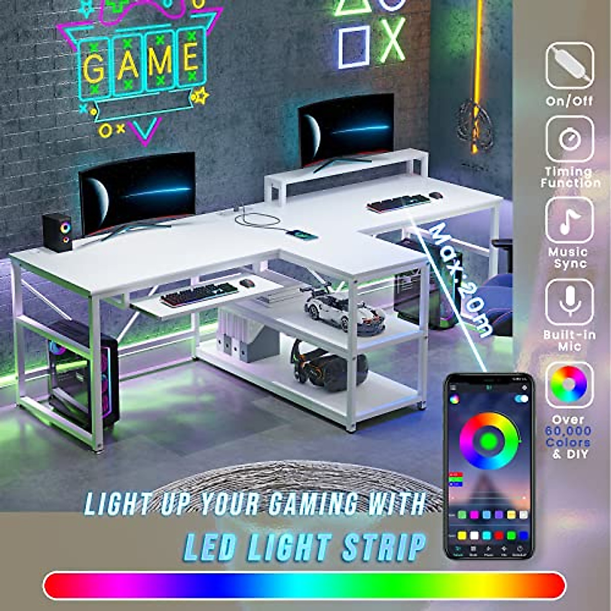 SEDETA 94.5" White Computer Desk, Two Person Gaming Desk with LED Light, Keyboard Tray, Power Strip with USB, Monitor Shelf & Storage, Extra Long Double Desk for Home Office, White.