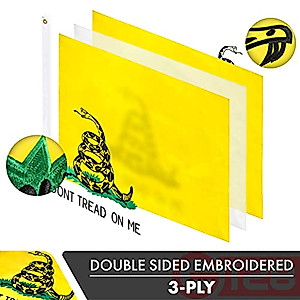 G128 Gadsden Don't Tread On Me Flag | 3x5 Ft | Double ToughWeave Series Double Sided Embroidered 210D Polyester | Historical Flag, Embroidered Design, Indoor/Outdoor, Brass Grommets, Heavy Duty, 3-ply
