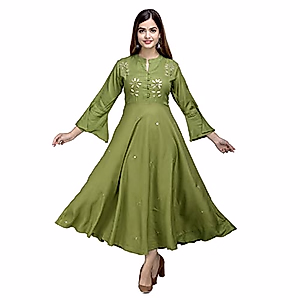 FIDOZA Women's Rayon Printed Anarkali Embroidery Kurti Dress | Pakistani Style Rayon Embroidery Kurti For Women | Ready to wear (Olive Green, M)