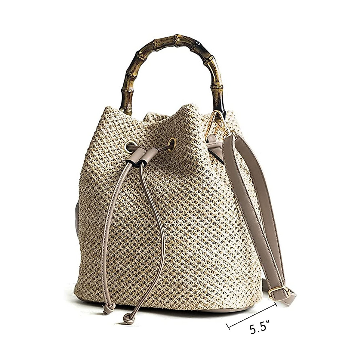 QZUnique Straw Bucket Bags for Women Top Handle Drawstring Woven Handbag Shoulder Bag Summer Beach Purses with Bamboo Handle